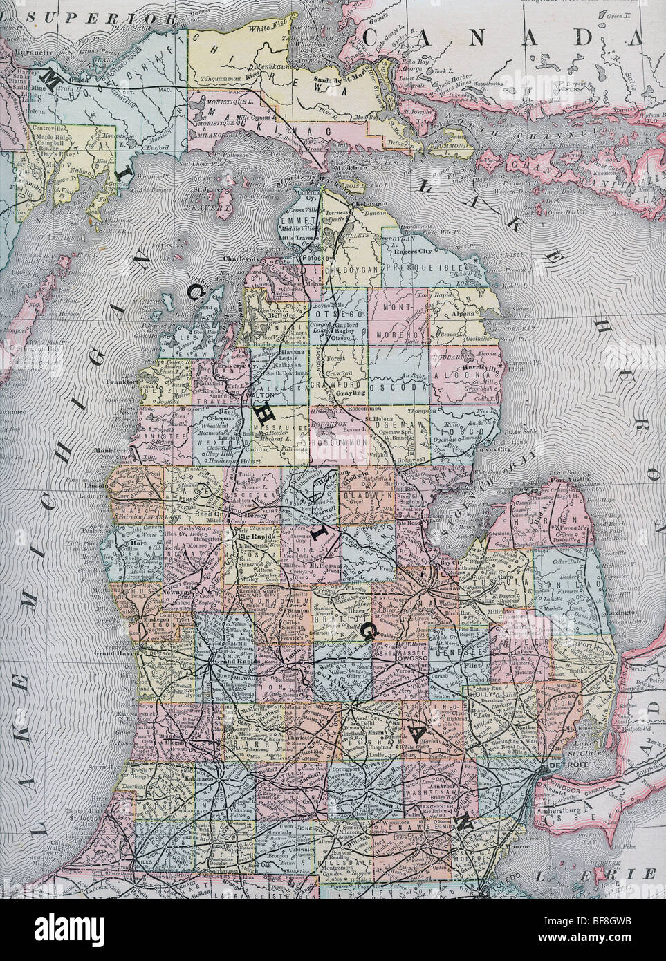 Original old map of Michigan from 1884 geography textbook Stock Photo ...