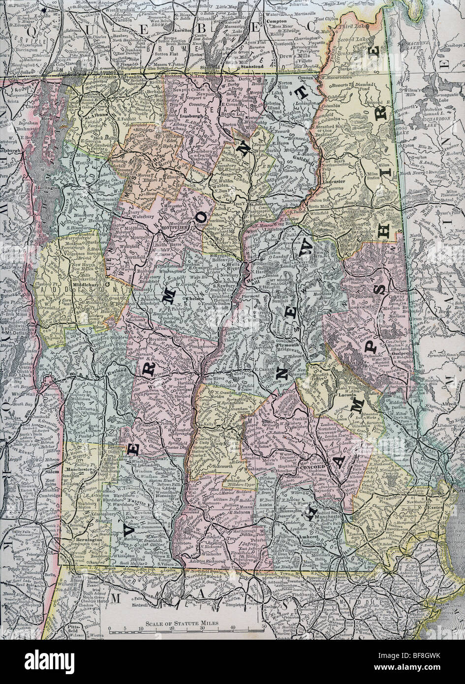 Original old map of New Hampshire and Vermont from 1884 geography ...