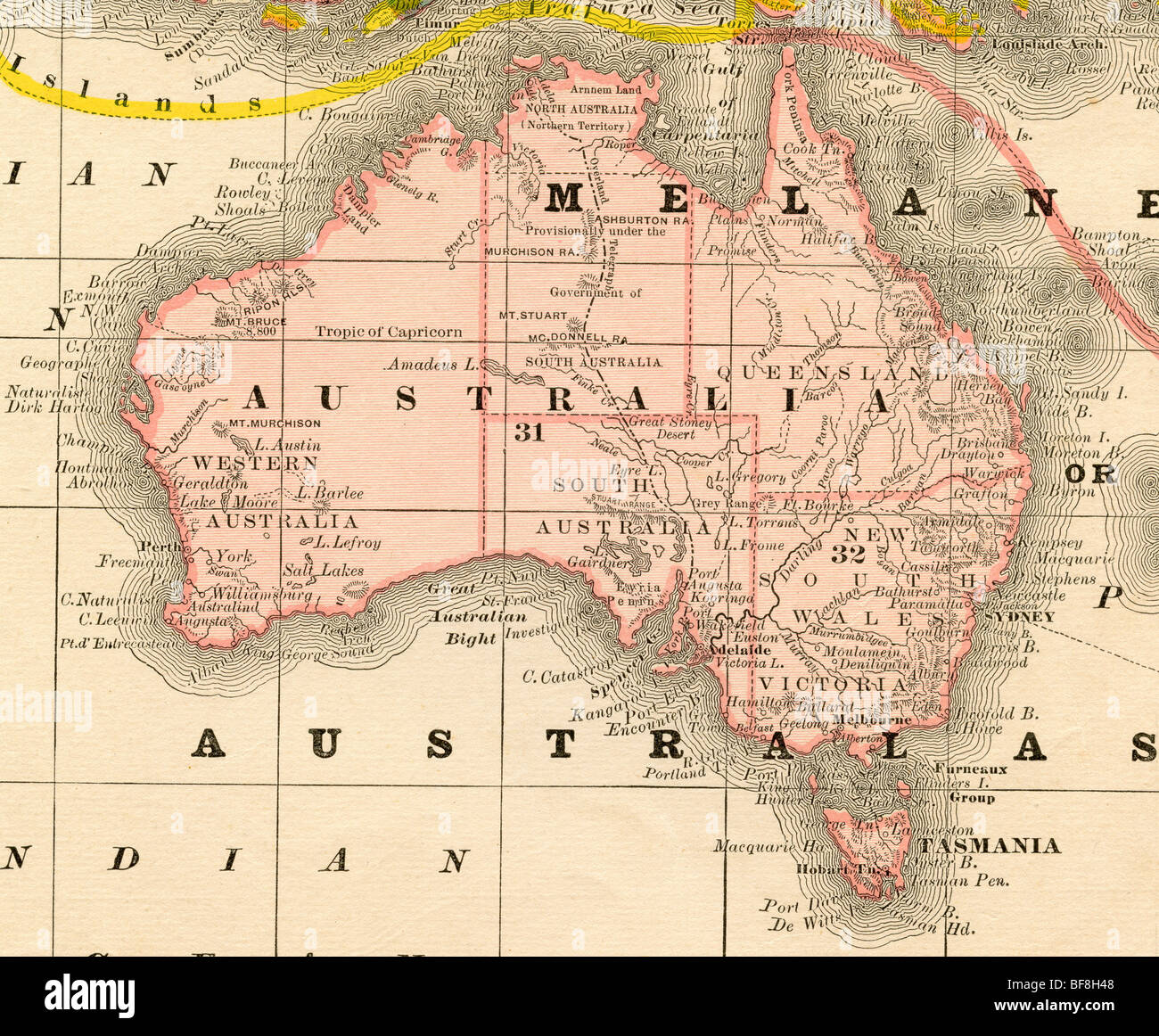 Original old map of Australia from 1884 geography textbook Stock Photo ...