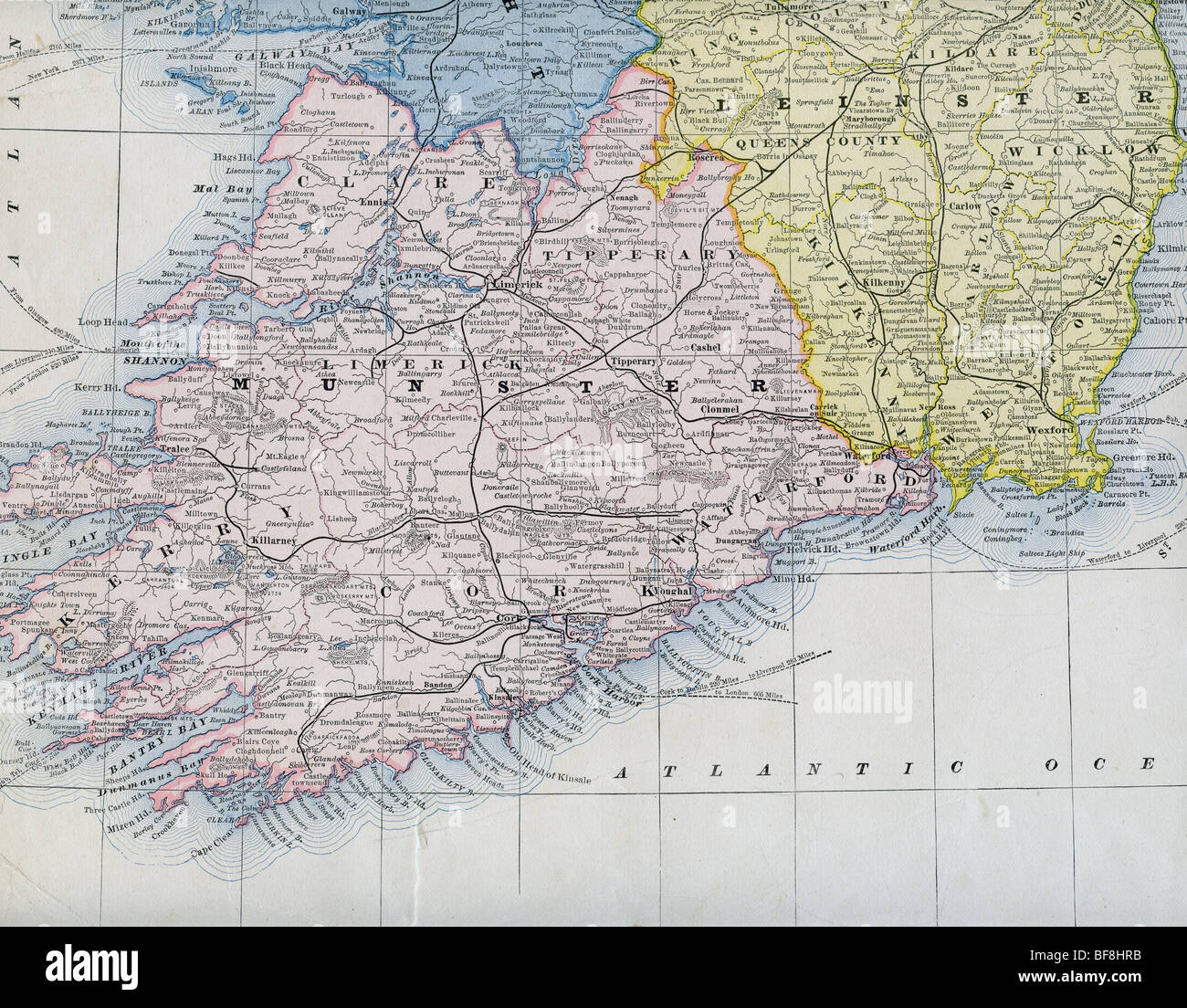 Original old map of Southern Ireland from 1884 geography textbook Stock ...