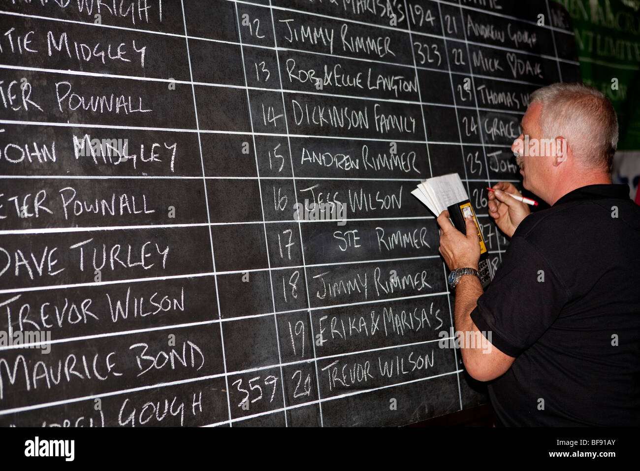 Man writing on scoreboard pumpkin competition Tarleton Lancashire Stock ...