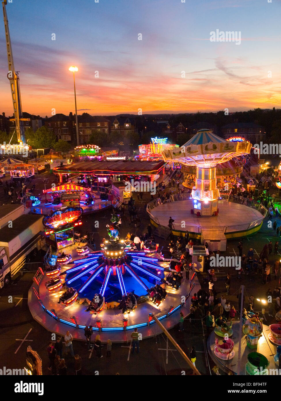An aerial view of Goose Fair at sunset in Nottingham, Nottinghamshire ...