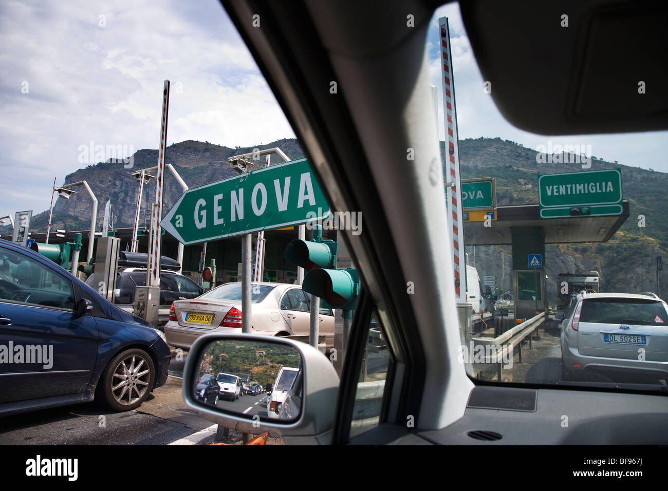 Approaching a motorway toll booth on the Italian autostrada at ...