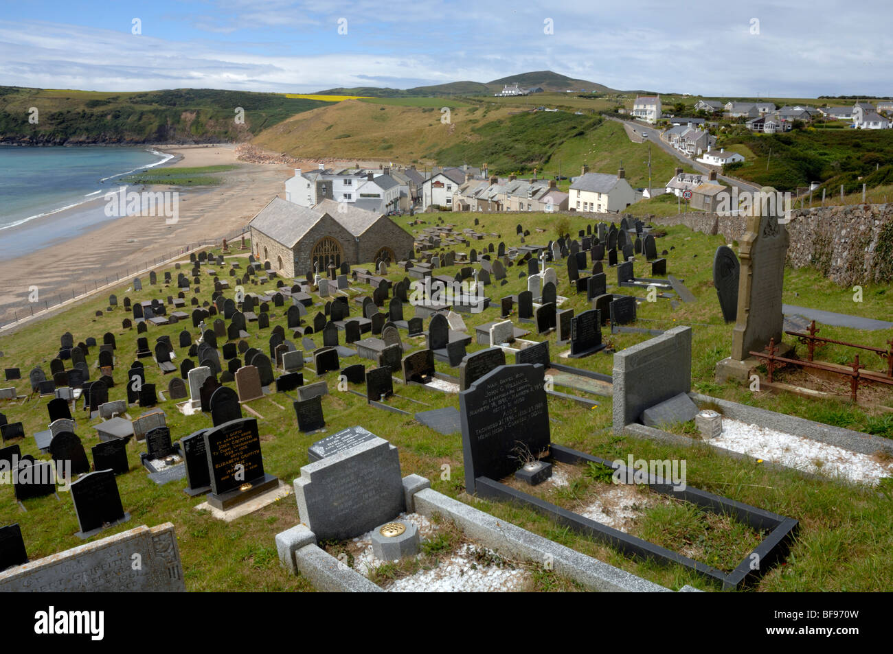 Aberdaron beach and St Hywyn's ancient church graveyard, Llyn Peninsula ...