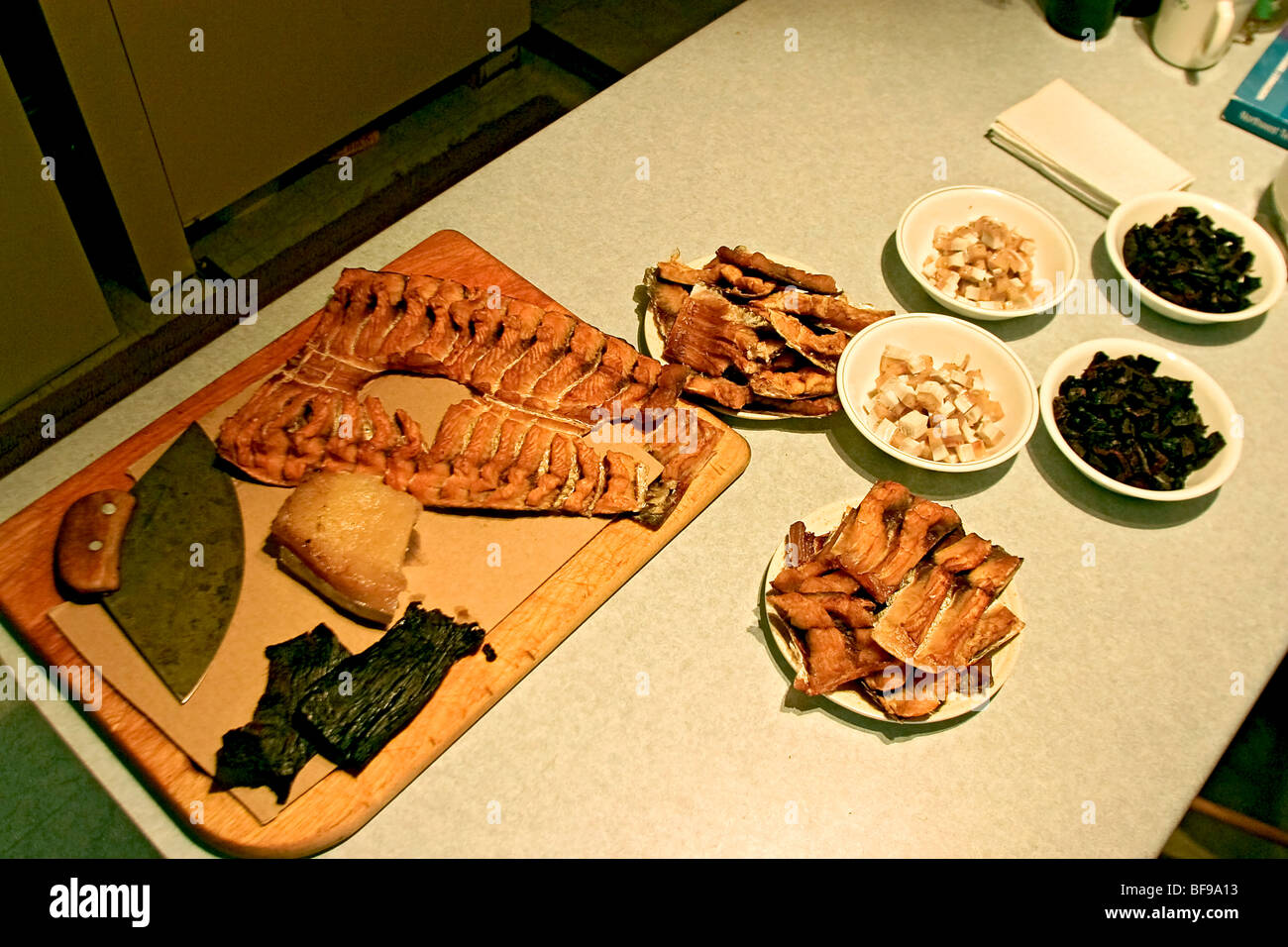 Traditional food (dried whale, dried fish, muktuk, caribou) in village ...