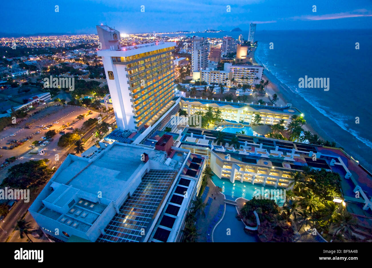 Aerial view at dusk of hotels and beach on the tourist strip (Golden ...