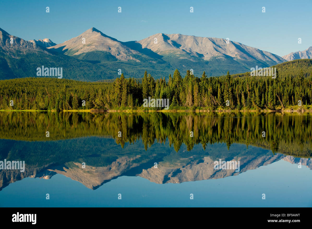 early morning light on Pyramid mountain, Pyramid Lake, Jasper National ...