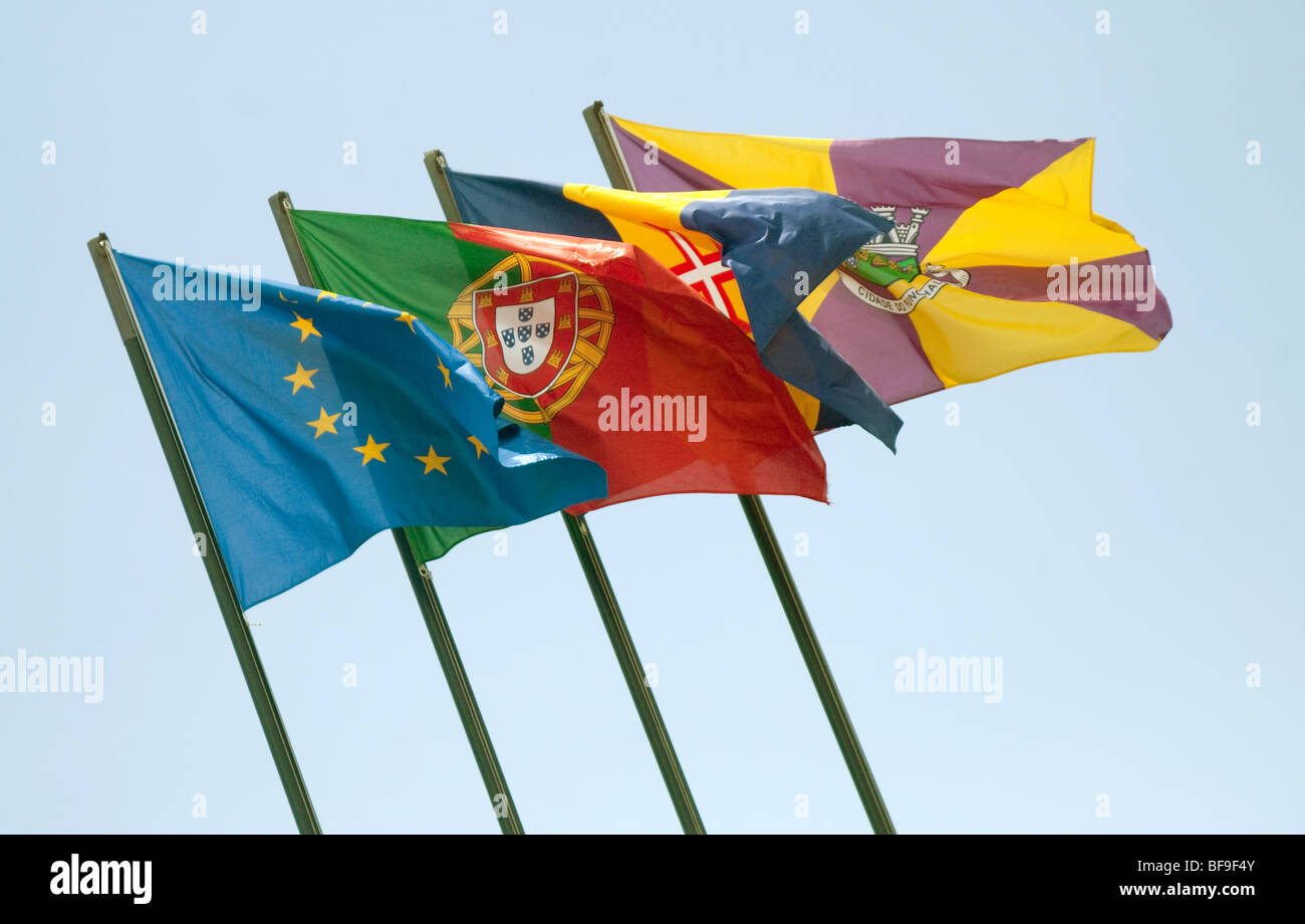 Colourful flags of Madeira flying in Funchal, Madeira Stock Photo - Alamy