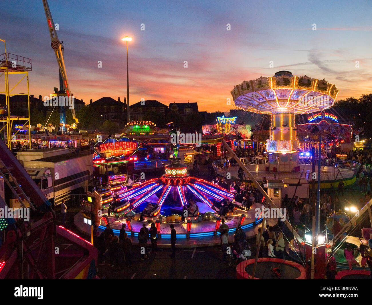 A view of Goose Fair at sunset in Nottingham, Nottinghamshire England ...
