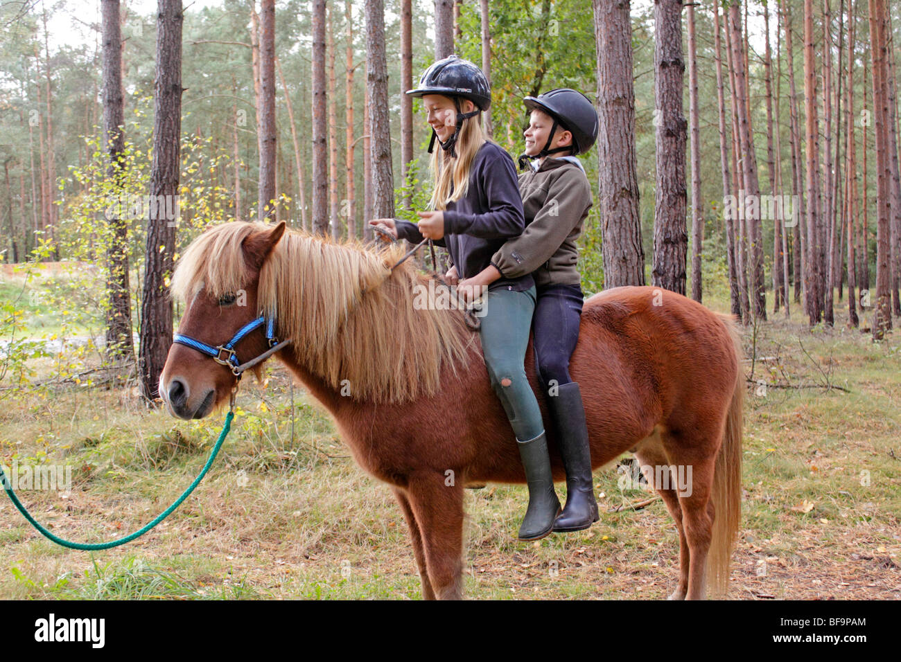 children horseback riding in a forest Stock Photo - Alamy