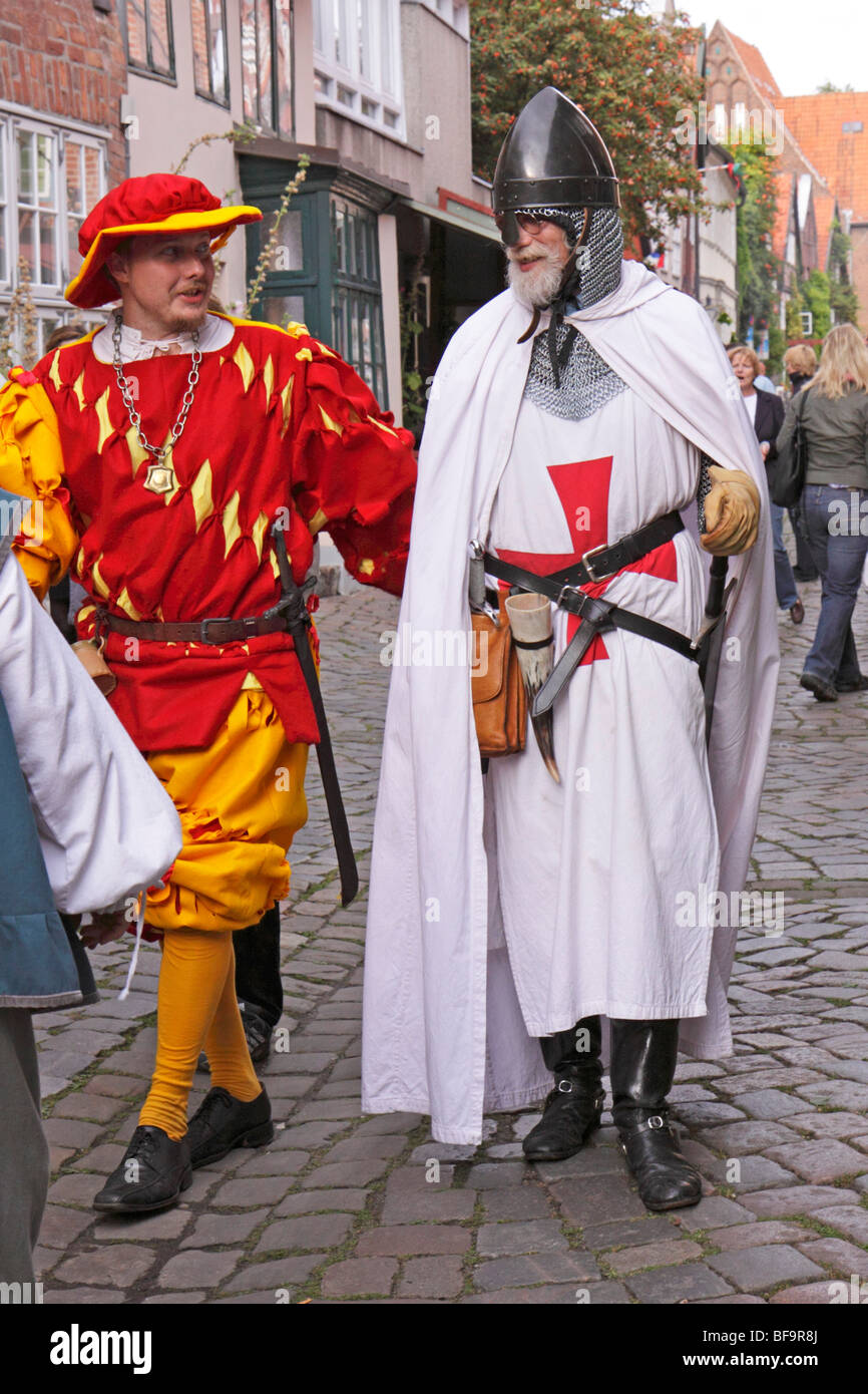 town guard and knight at a medieval festival in Lueneburg, Lower Saxony ...