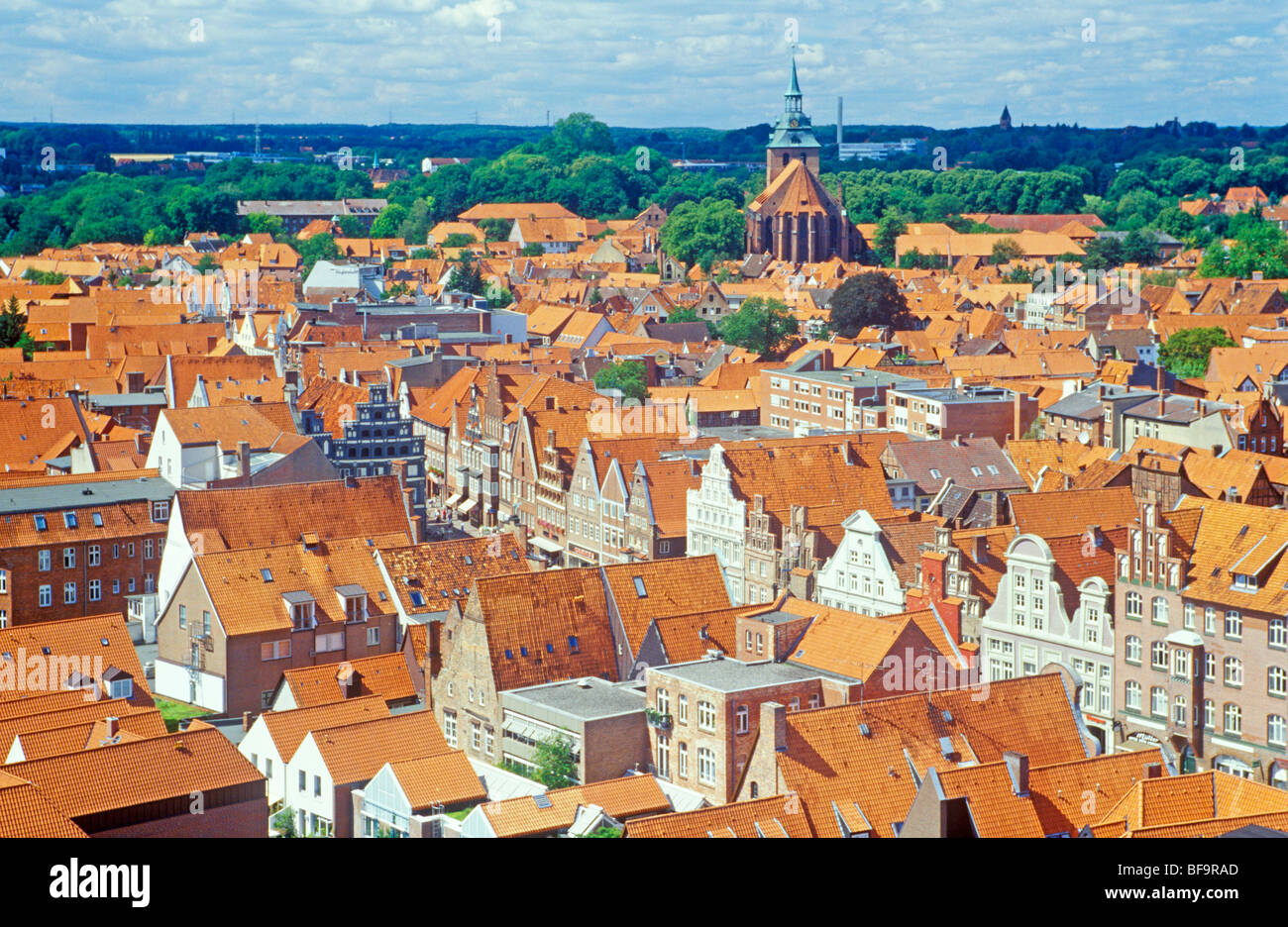panoramic view of the old town of Luneburg with Am Sande Square and ...