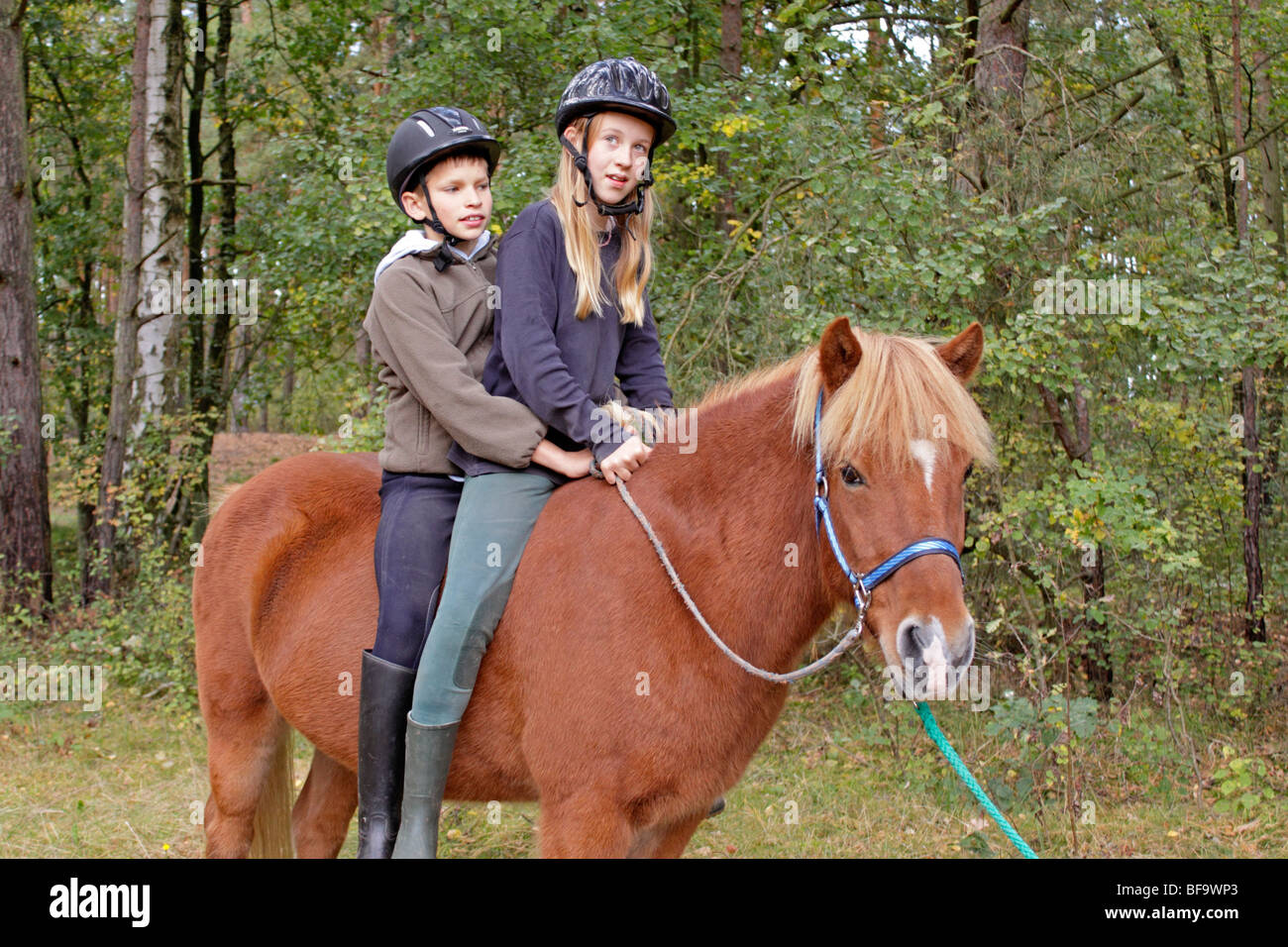 children horseback riding in a forest Stock Photo - Alamy