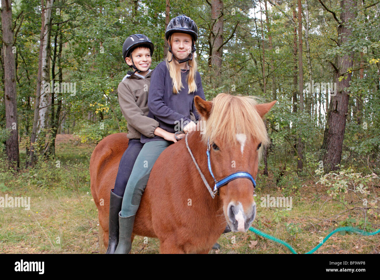 children horseback riding in a forest Stock Photo - Alamy