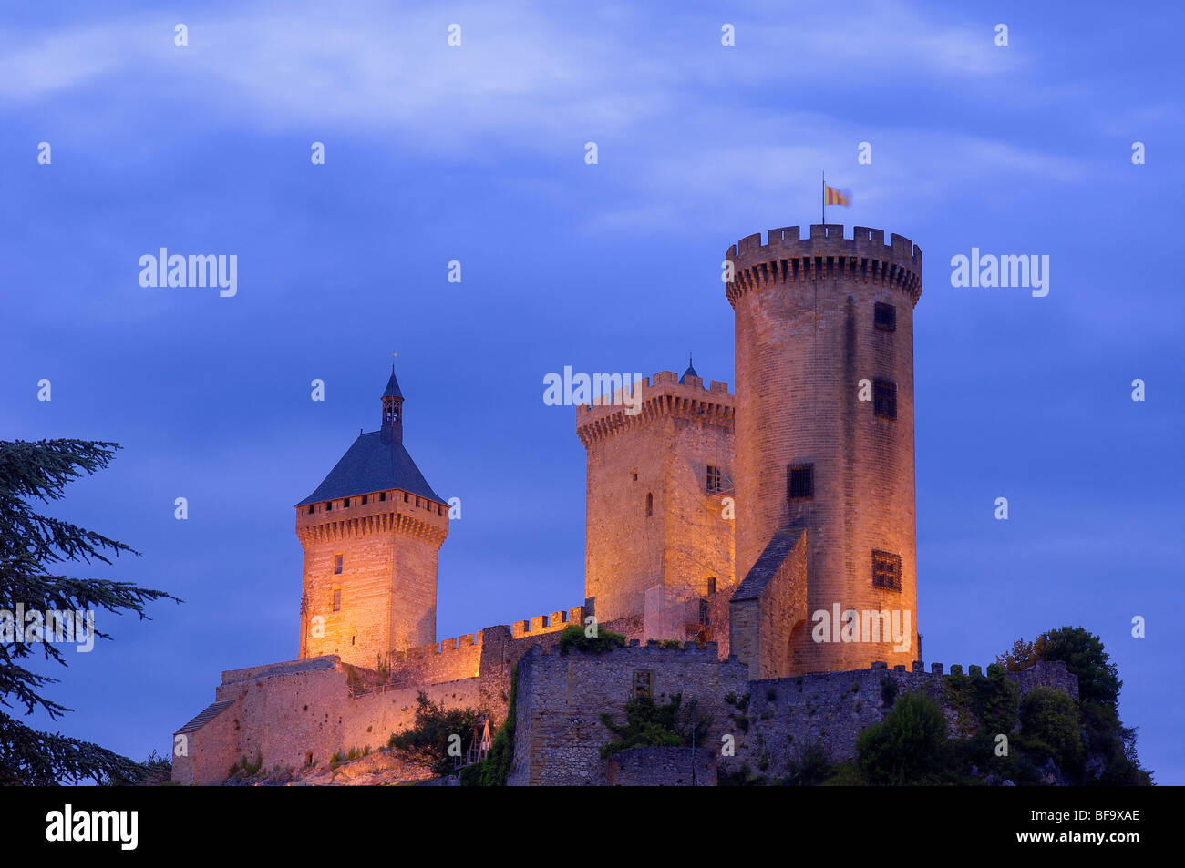 Castle of Foix (Chateau de Foix) at Dusk. Cathar country. Ariege, Midi ...