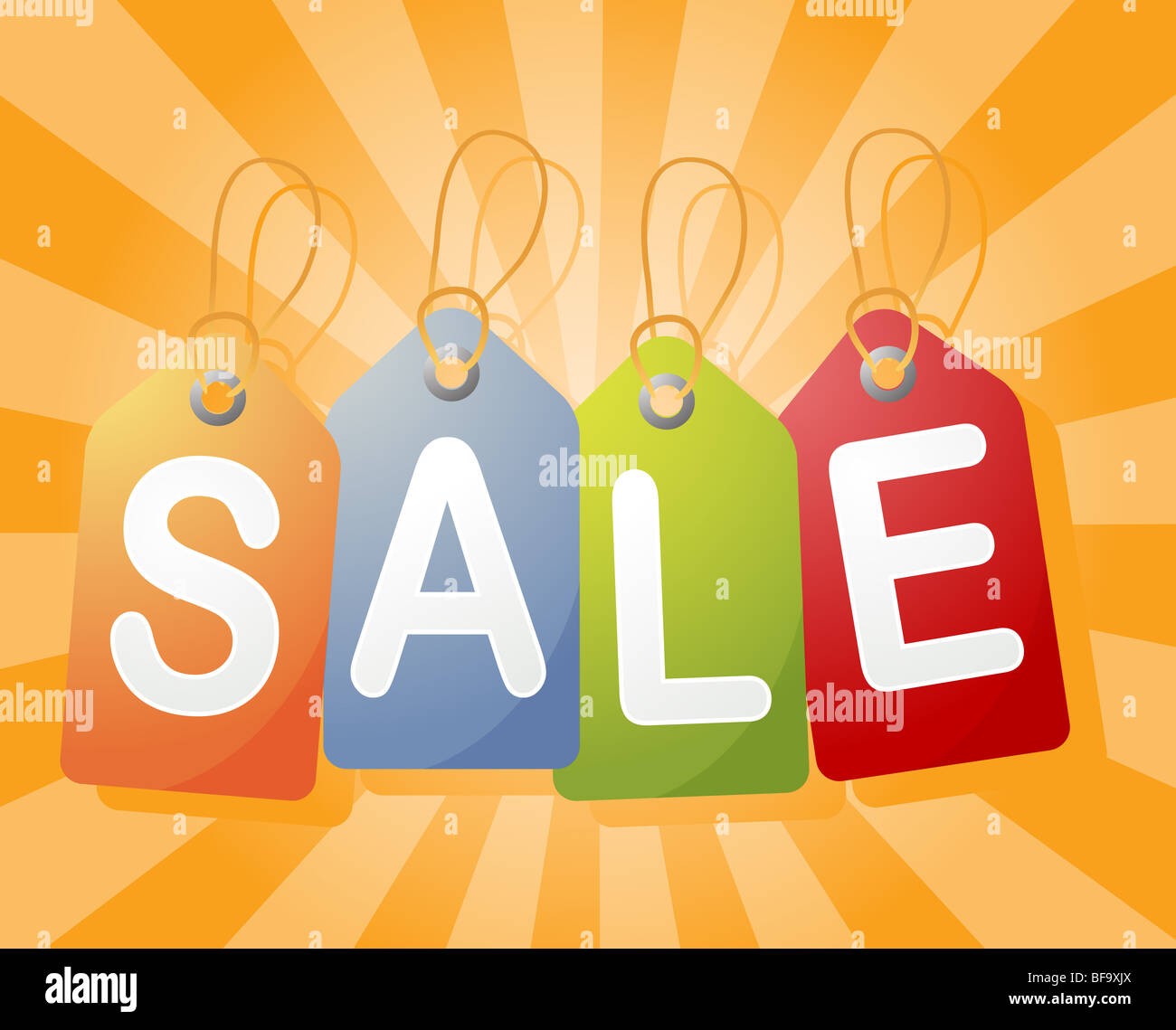 Set of price tags spelling out SALE, radial burst background Stock ...