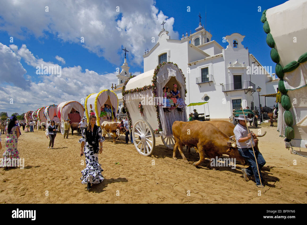 Pilgrims at El Rocio village, Romeria (pilgrimage) to El Rocio. Almonte ...