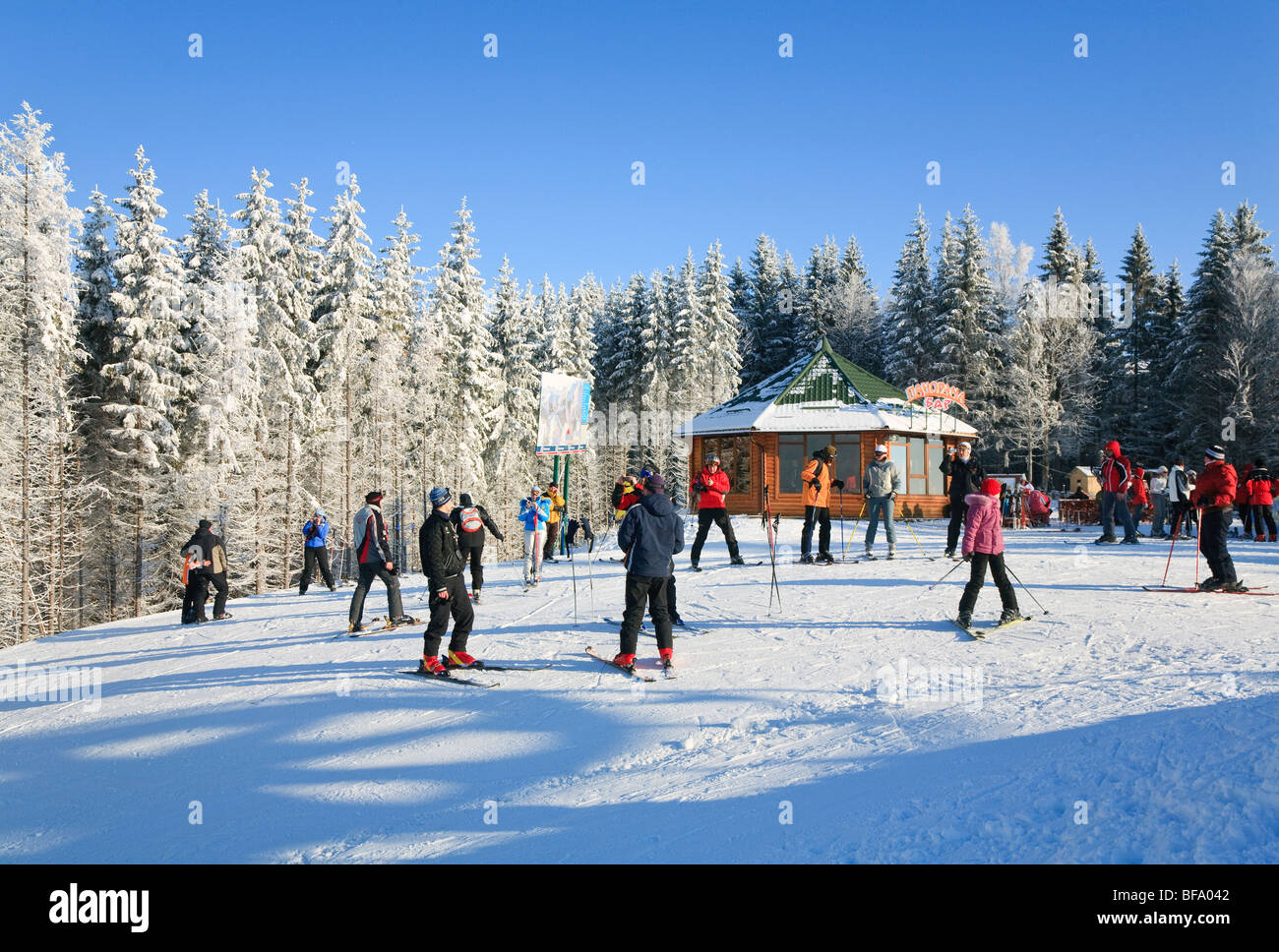 Winter skiing resort view (Panorama bar on Bukovel ski resort, Ukraine ...