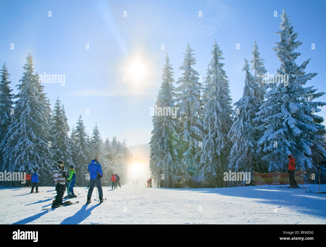 Snow dust dazzle shining on sunlight (winter mountain landscape with ...