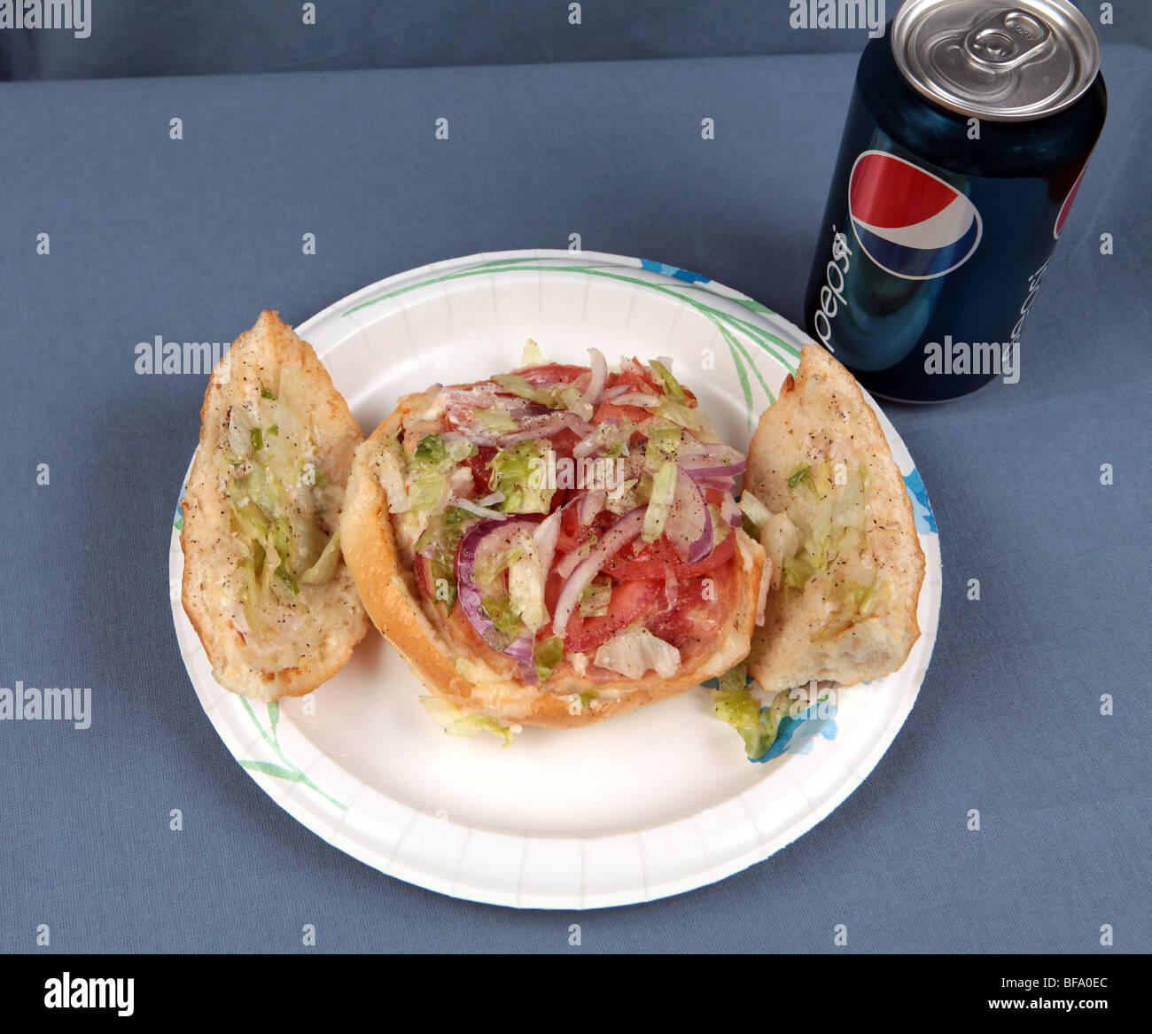 A chicken sandwich on a paper plate smothered with lettuce tomato onion ...