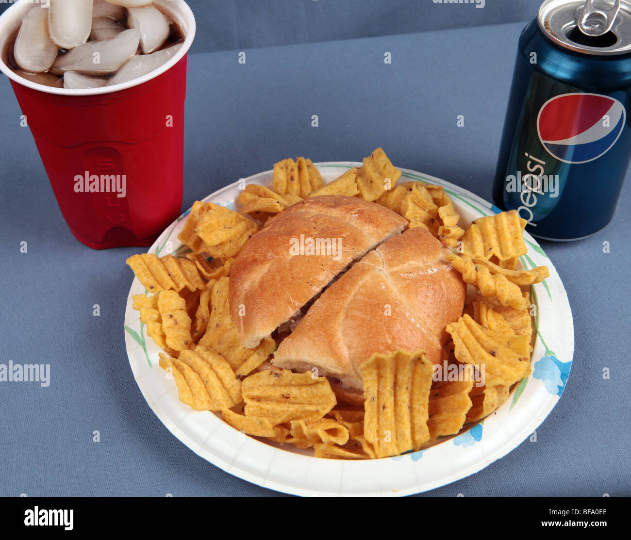 A chicken sandwich on a paper plate smothered with lettuce tomato onion ...