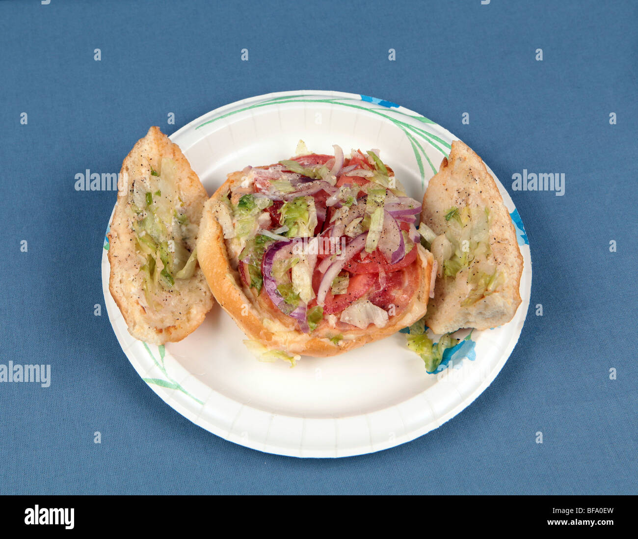 A chicken sandwich on a paper plate smothered with lettuce tomato onion ...