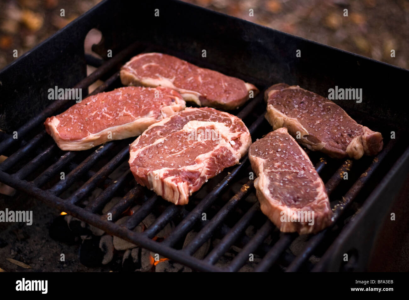 Some beef steaks cooking on an outdoor grill Stock Photo - Alamy