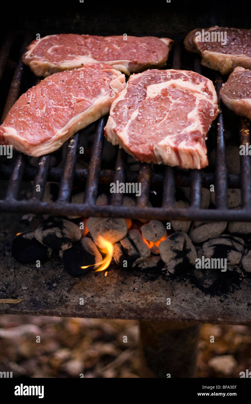 Some beef steaks cooking on an outdoor grill Stock Photo - Alamy