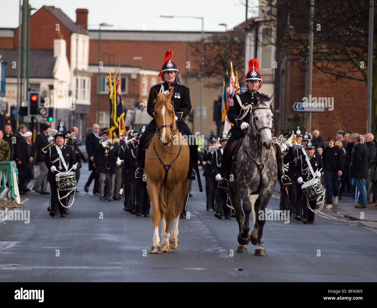 Two mounted policemen in ceremonial uniform leading the Remembrance day ...