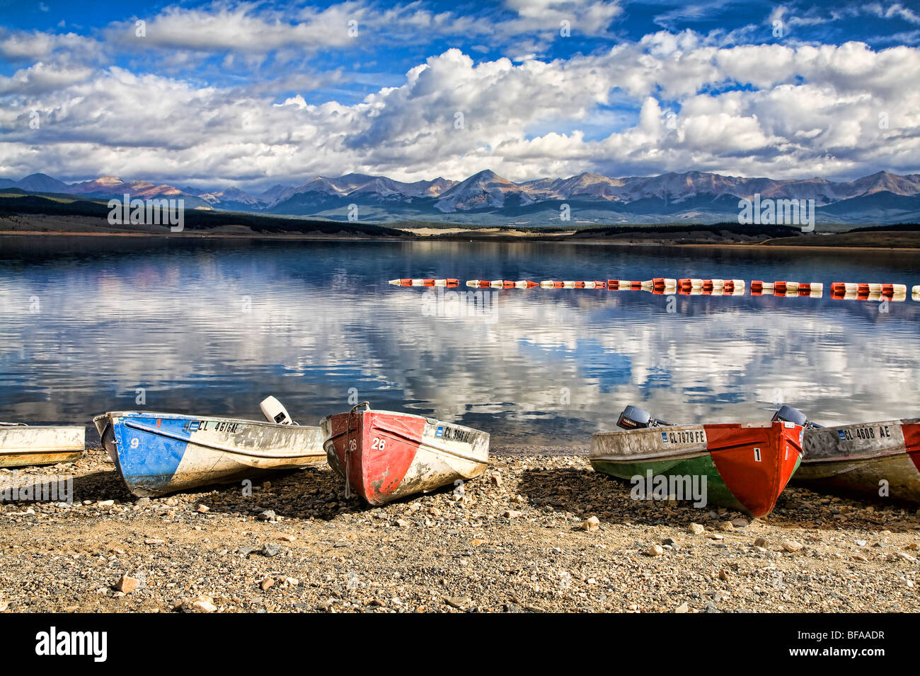 Fishing boats on the shore of Taylor Park Reservoir, Colorado Rocky ...