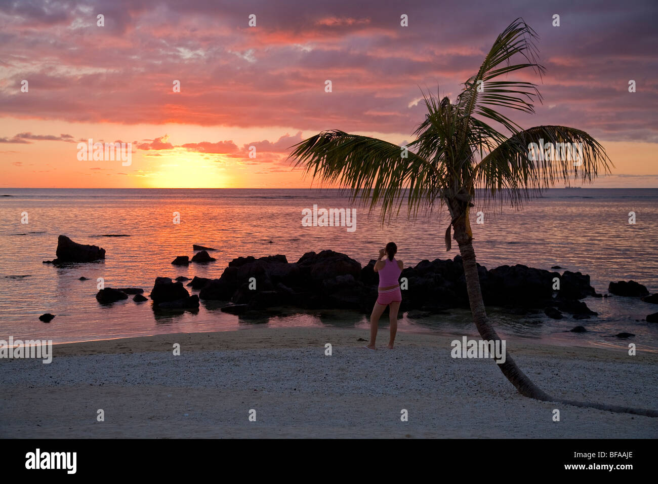 Sunset with photographer and palm tree on beach at Le Victoria Hotel ...