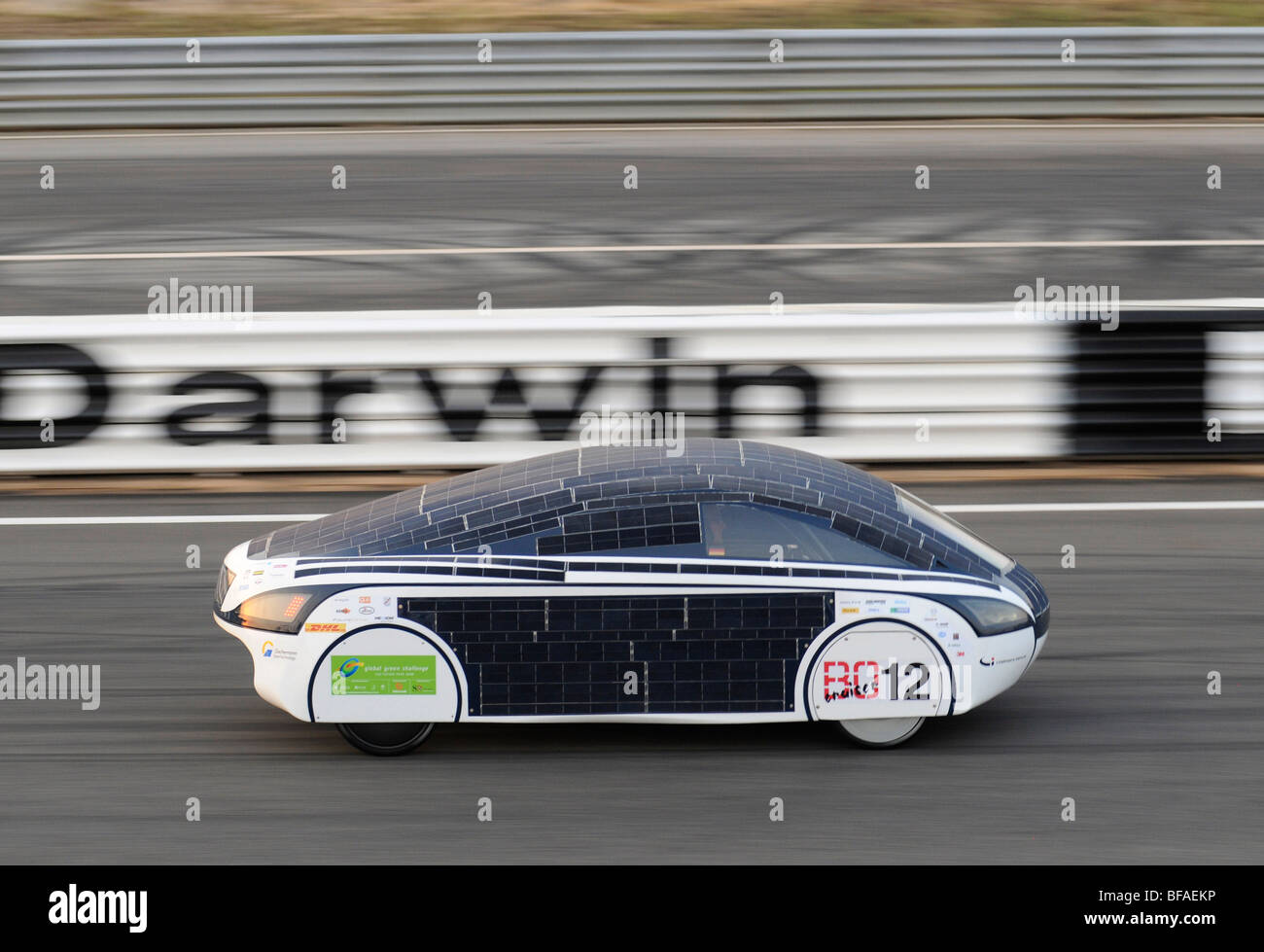 A solar racing car during a qualification lap. This car is powered ...