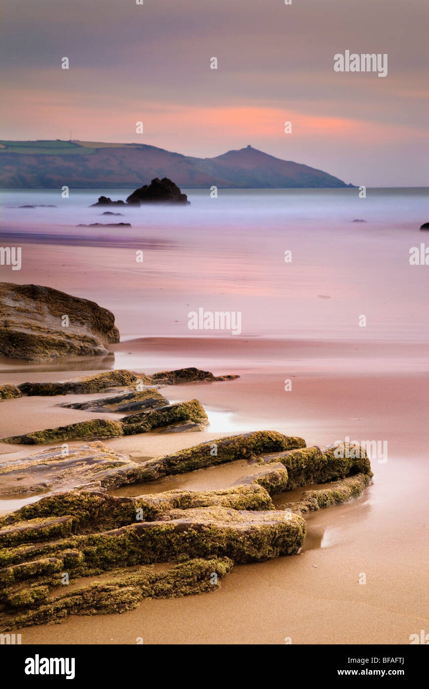 Freathy Cliffs; looking towards Rame Head; Cornwall at sunset Stock ...