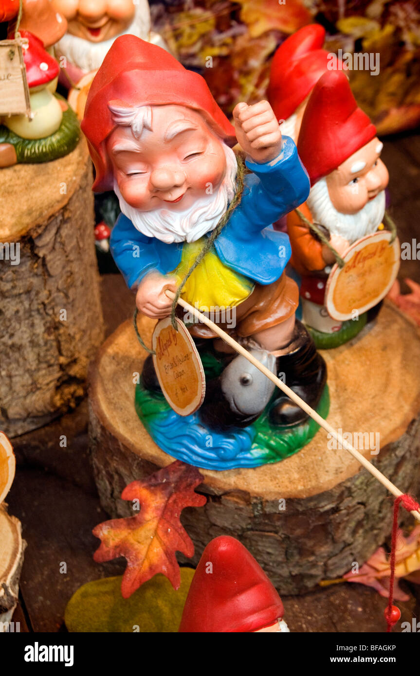 Garden Gnome figures in shop window display Yorkshire England Stock ...