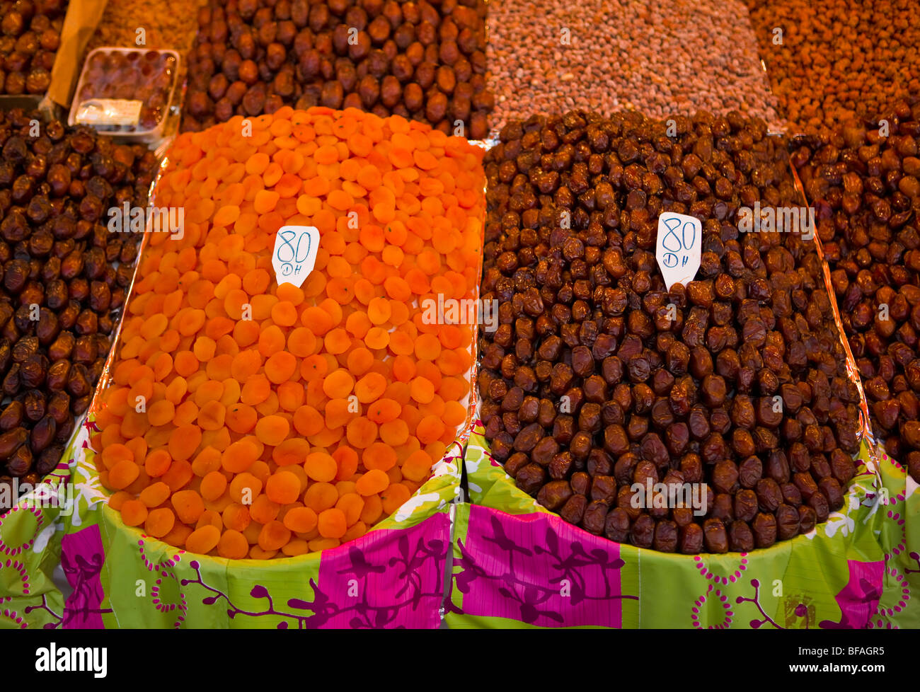 MARRAKESH, MOROCCO - fruit and nuts in bin, in Djemaa el Fna plaza ...