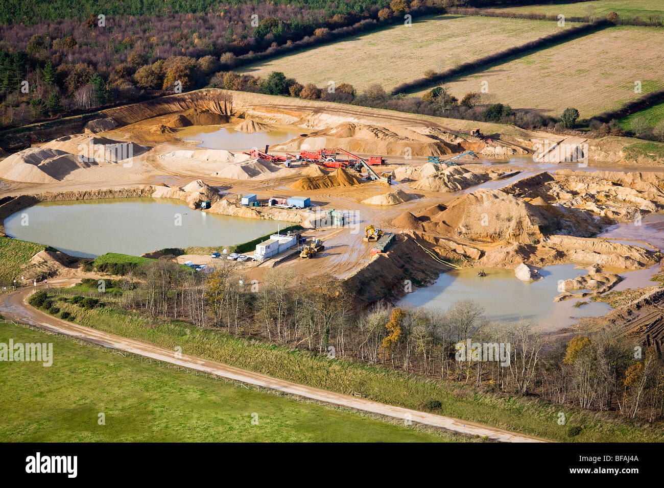 Aerial view of a sand quarry on the borders of Hampshire and Dorset. UK ...