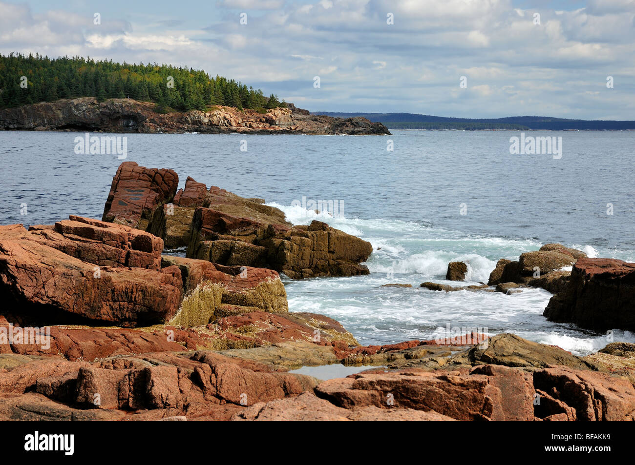 View of Rocky shoreline from Mt. Desert Island, Acadia National park ...