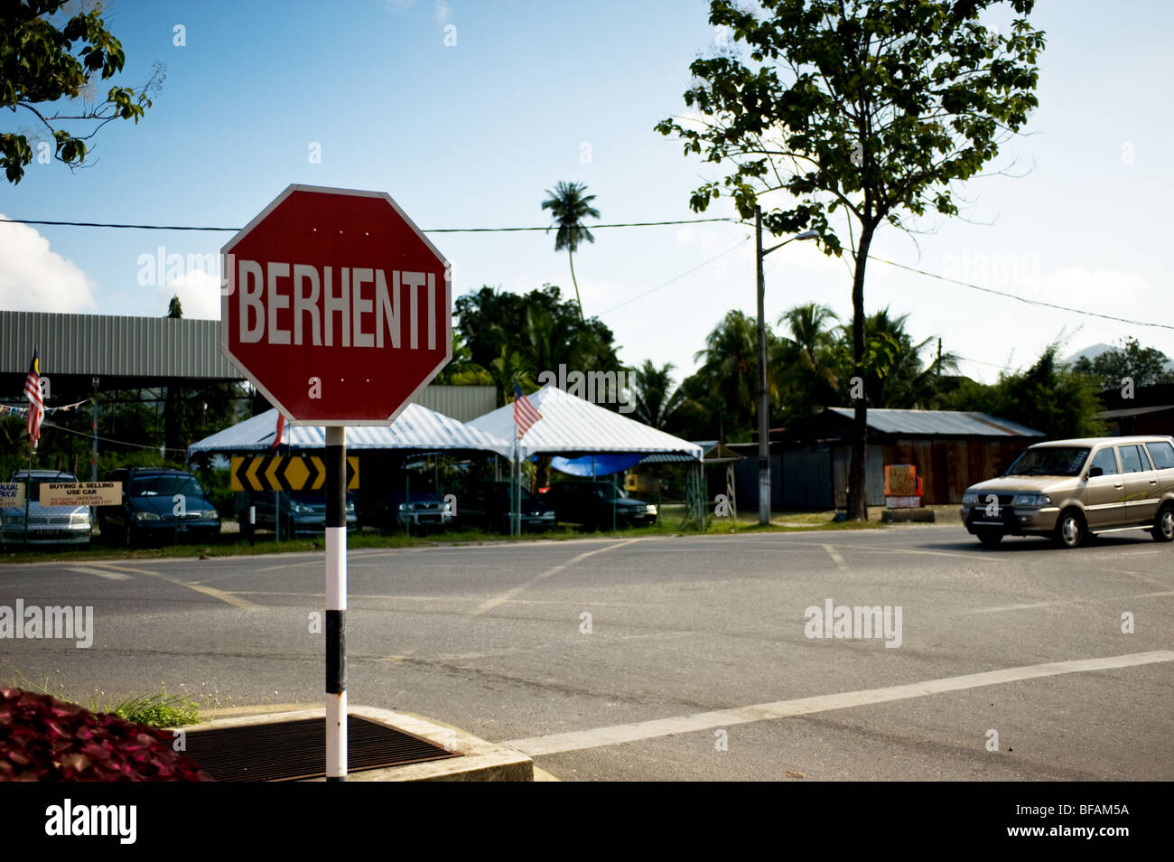 Berhenti - a roadside stop sign in Kuah Town in Langkawi in Malaysia ...