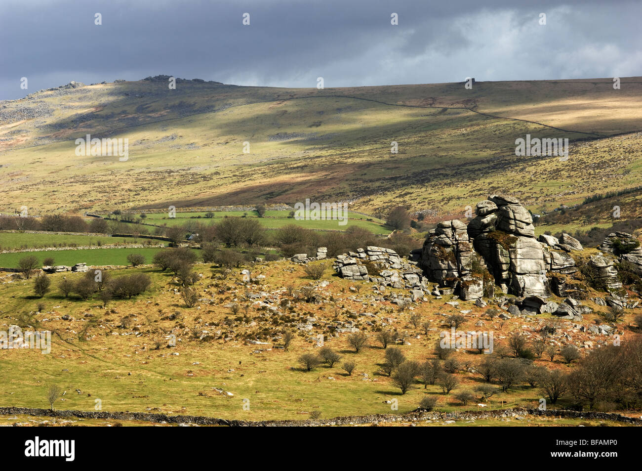 Granite stack known as Vixen Tor with Great Mis Tor behind, Dartmoor ...