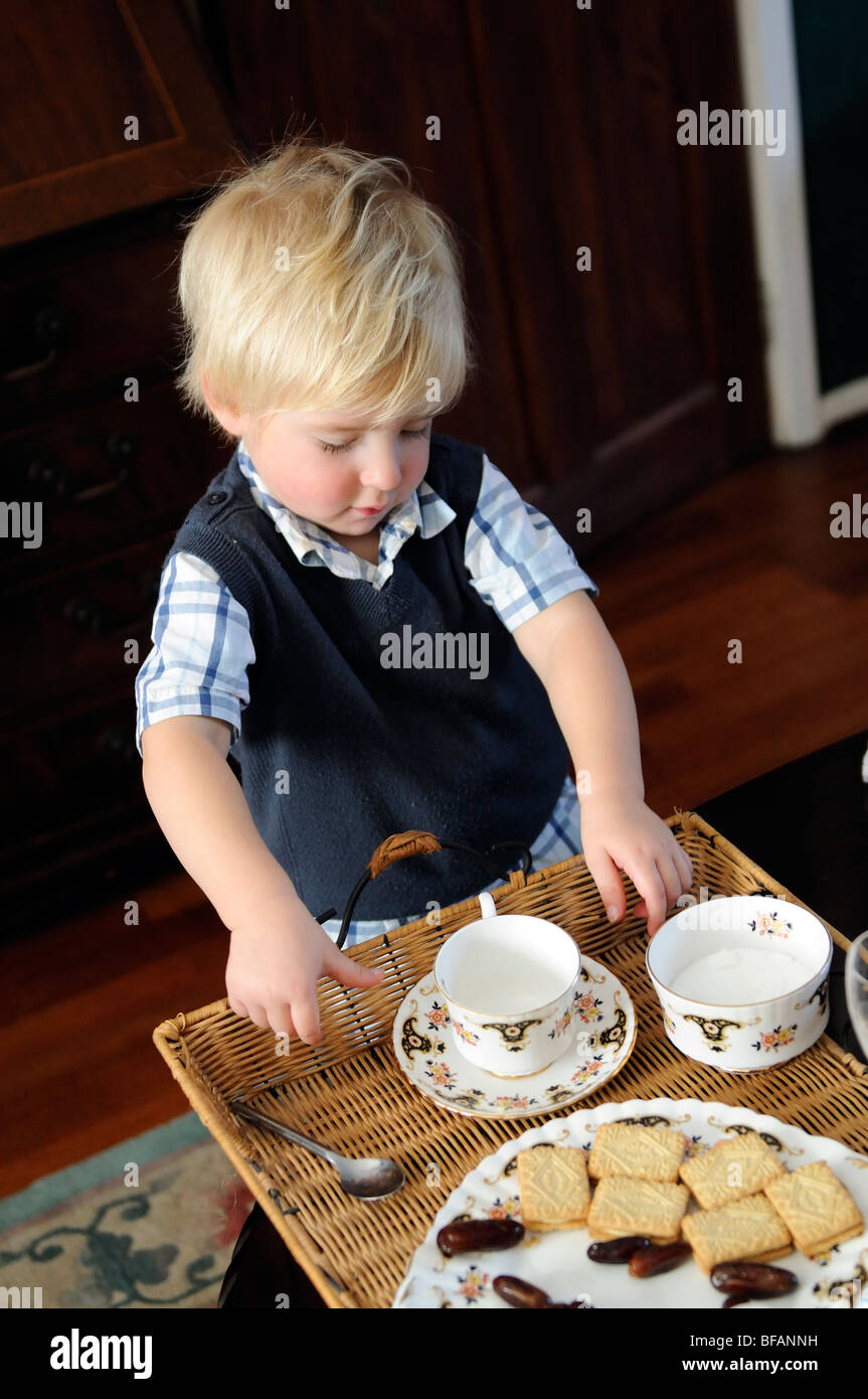 Portrait of a small boy making a cup of tea and using the best bone ...