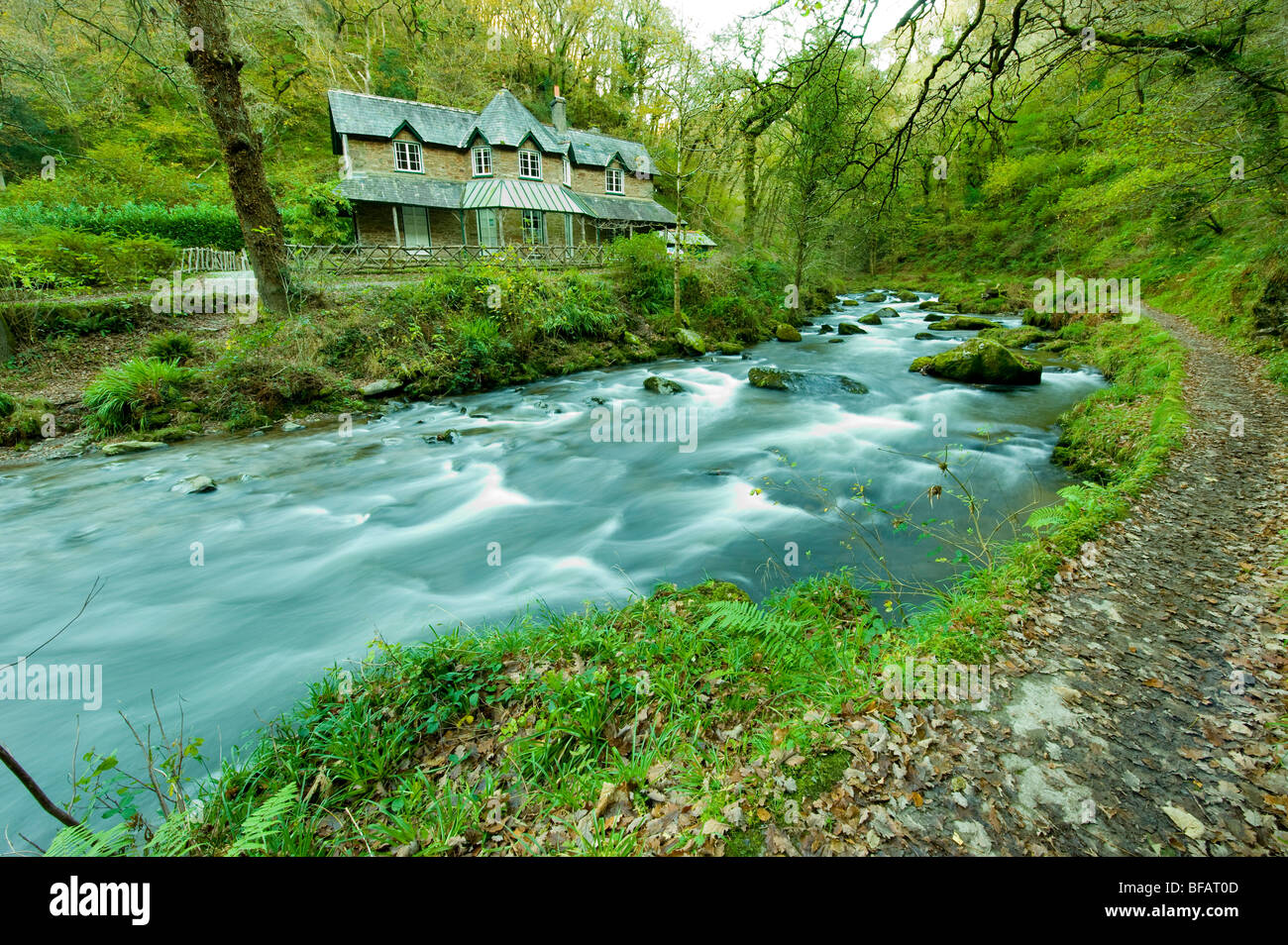 Watersmeet house on the river lyn in full spate after rain, watersmeet ...