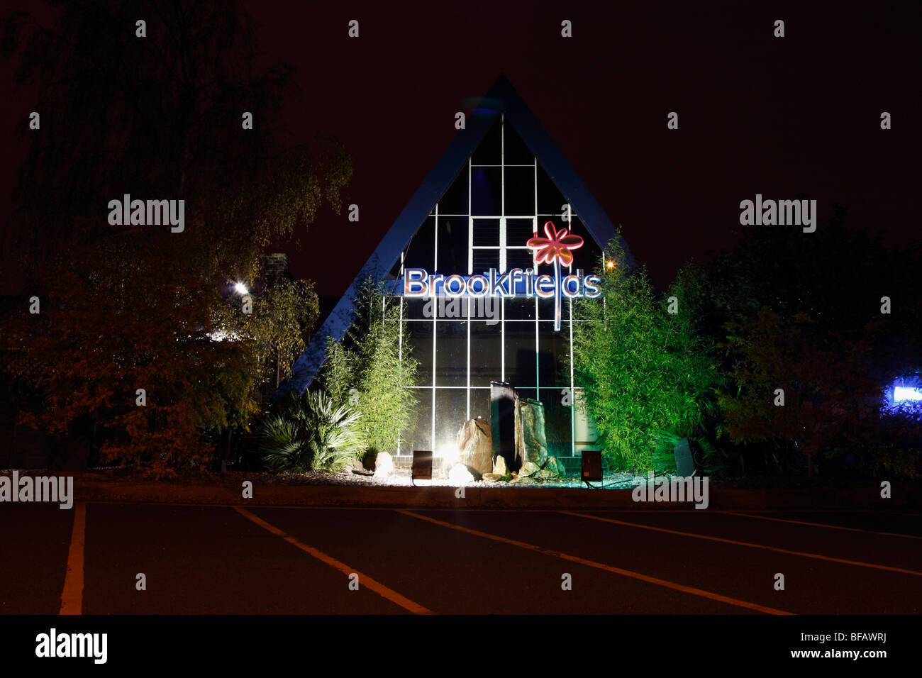 Brookfields Garden Centre by night - roadside frontage Stock Photo - Alamy