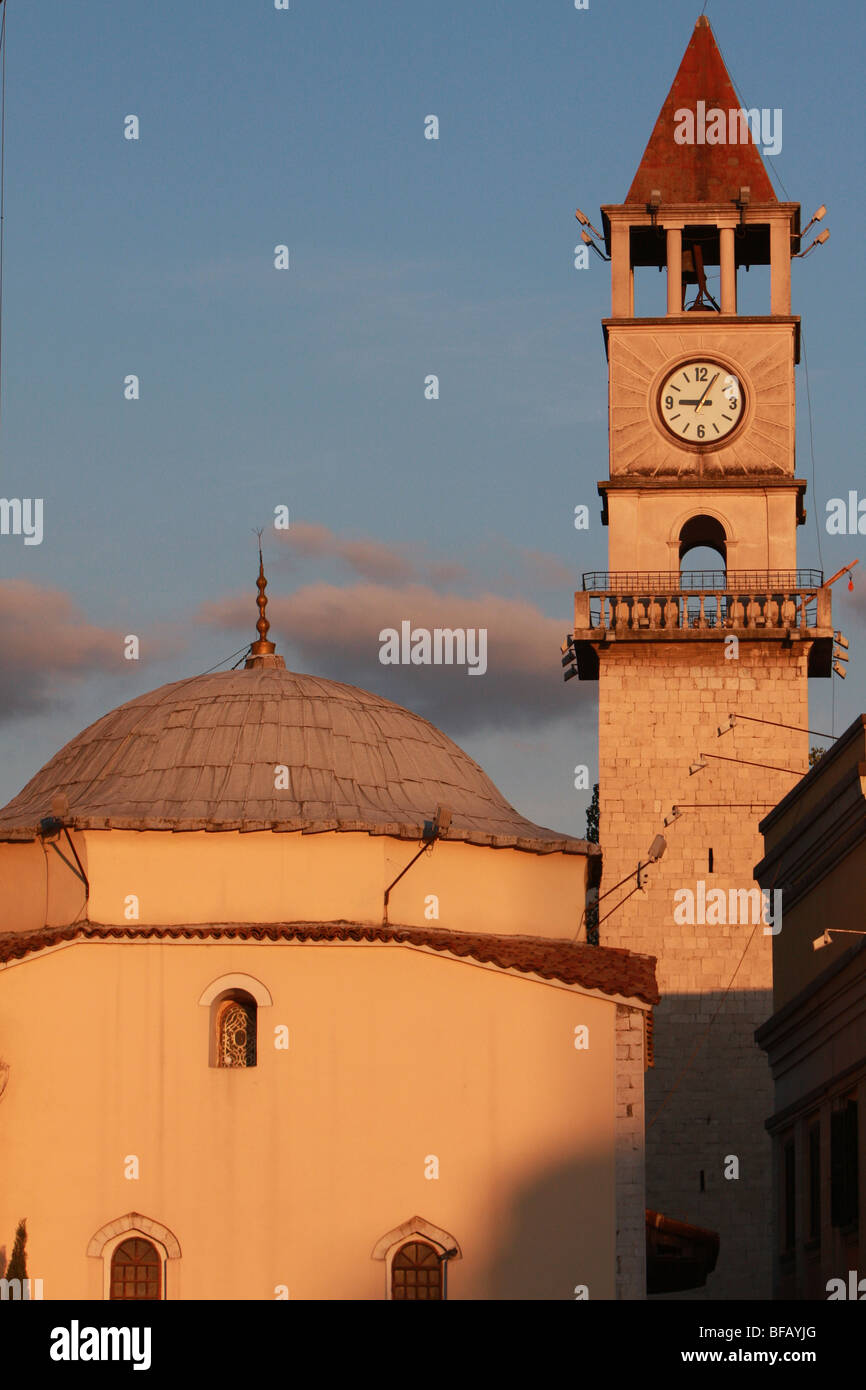 Ethem Bey Mosque and the clock tower in Skanderbeg Square, Tirana ...