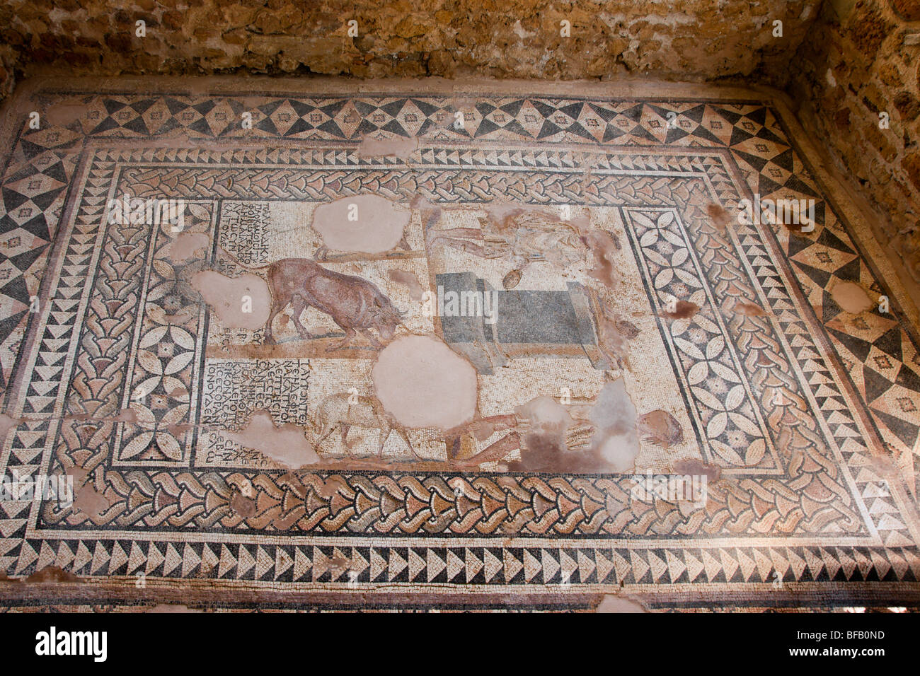 Roman villa mosaic exhibit at Skala village on Kefalonia island Stock ...
