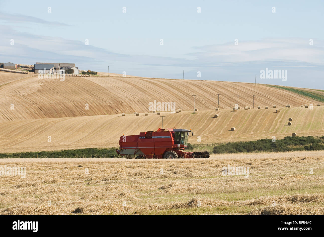 Baling straw after cereal harvest. Above Gardenstown, Scotland, UK ...