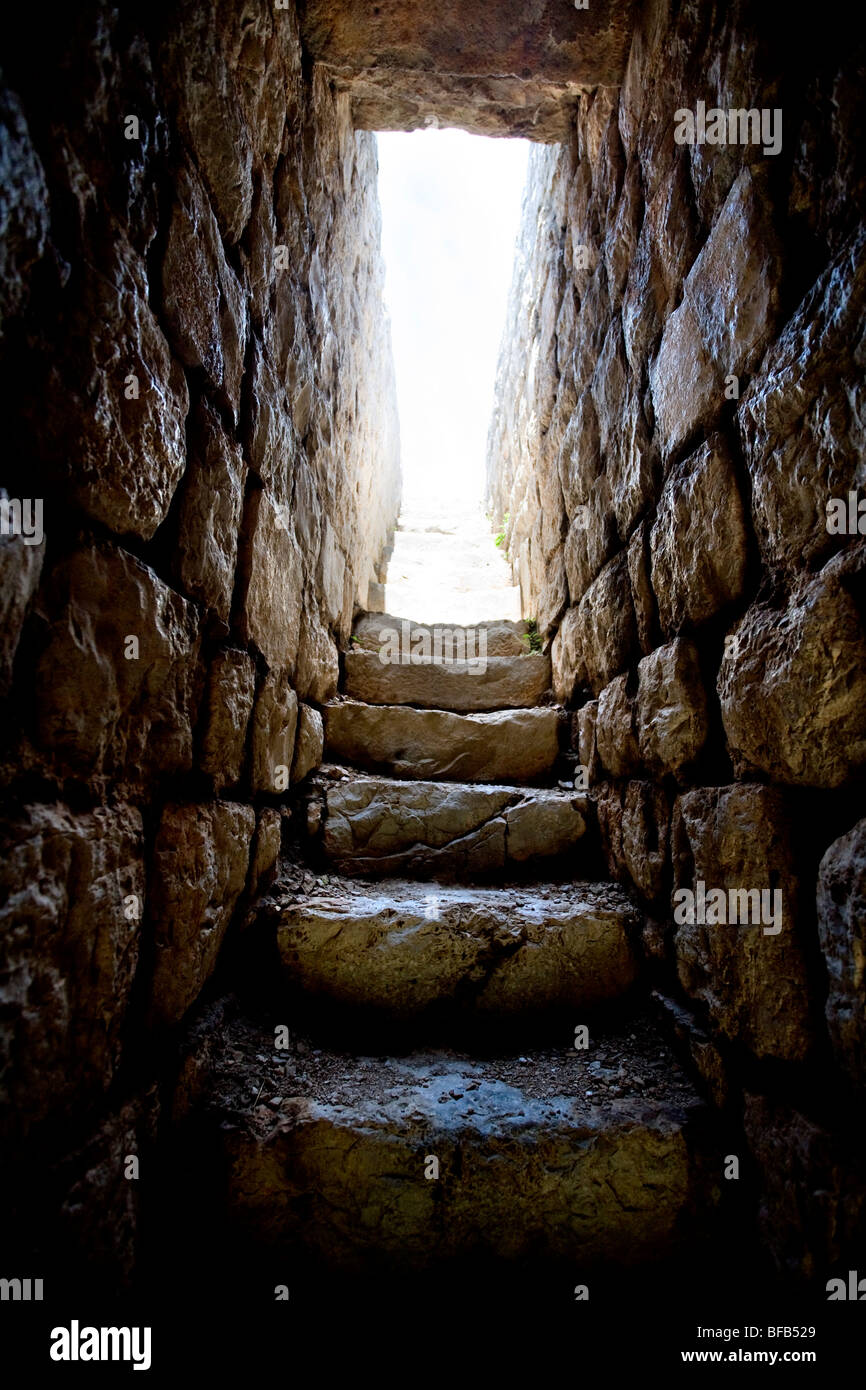 Heavy stone stairs at Mali (little) Ston, Peljisac Peninsula, Croatia ...