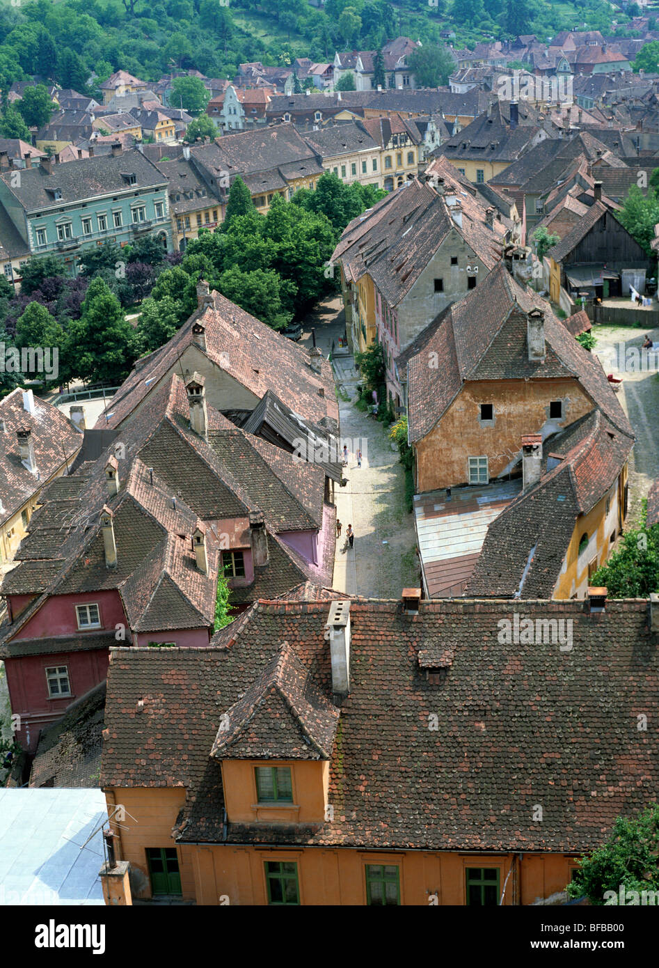 Rooftop view of the medieval Old Town in the Transylvanian city of ...