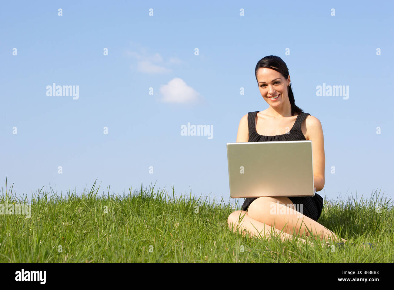 Woman Using Laptop Outdoors In Summer Countryside Stock Photo - Alamy