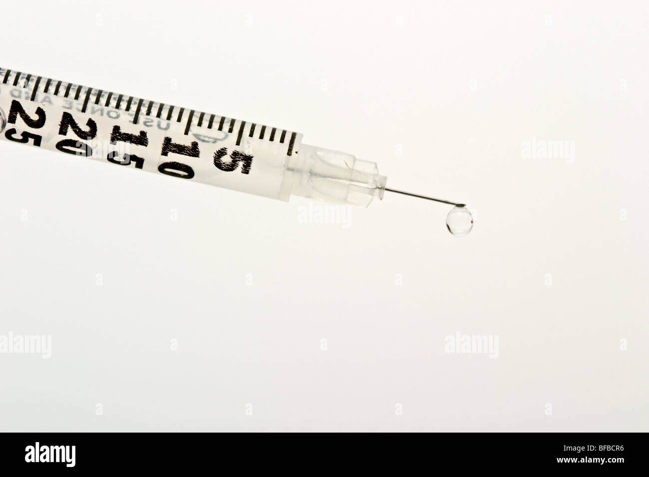 Graduated diabetic syringe with a small clear drop coming out of the ...