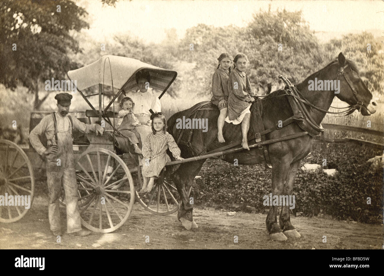 Family of Four Children with Horse & Buggy Stock Photo - Alamy